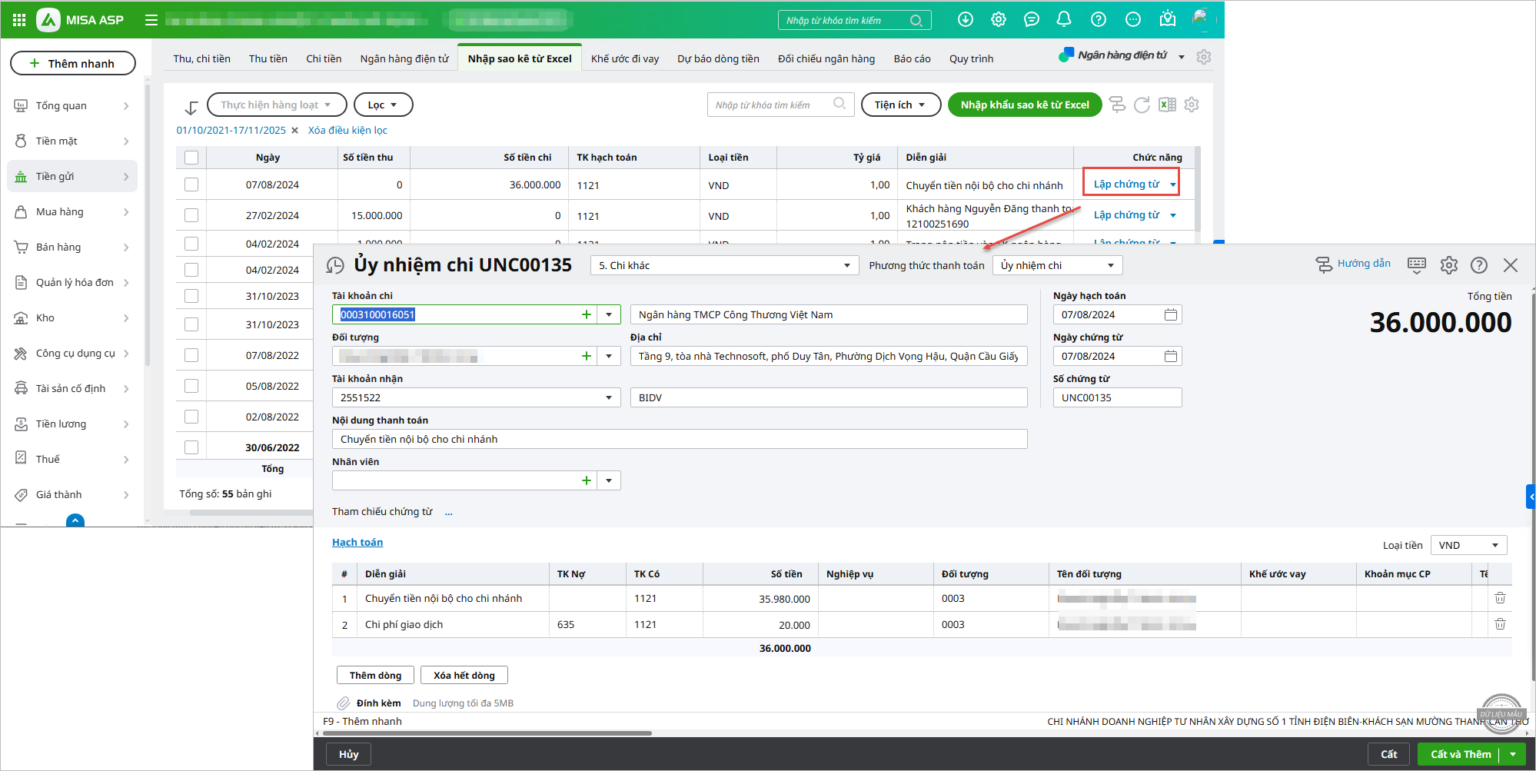 Nhập khẩu sao kê ngân hàng từ excel – ASP Kế toán – Nền tảng kế toán dịch vụ MISA ASP